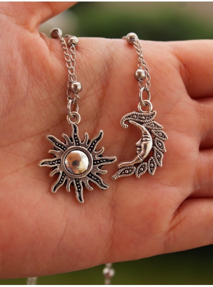 Colar Sol / Lua Prateada - HIPPIE ARTESANATOS