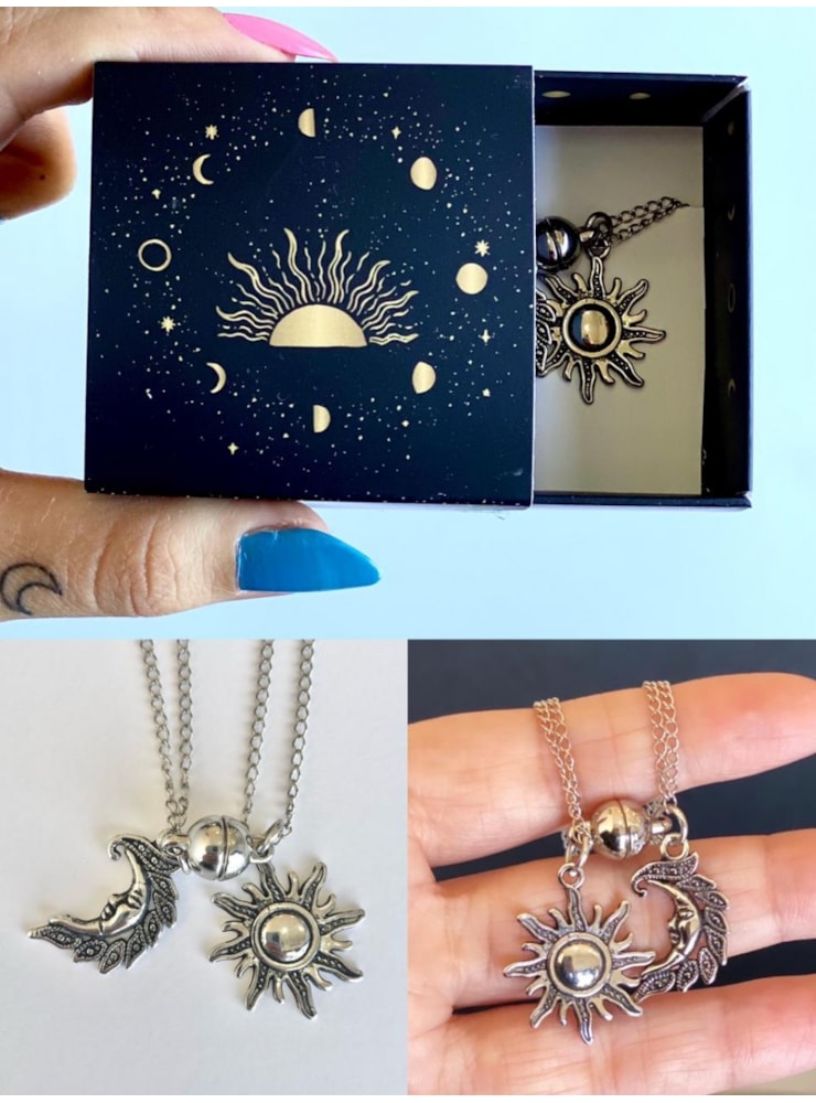 Colar Sol/Lua Prateada - Conexão, Ima - com embalagem