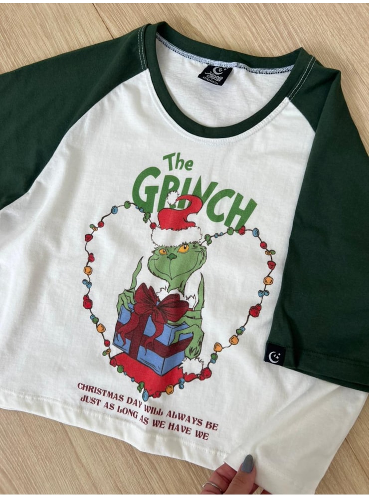 Cropped Comfy Grinch - Raglan Branca