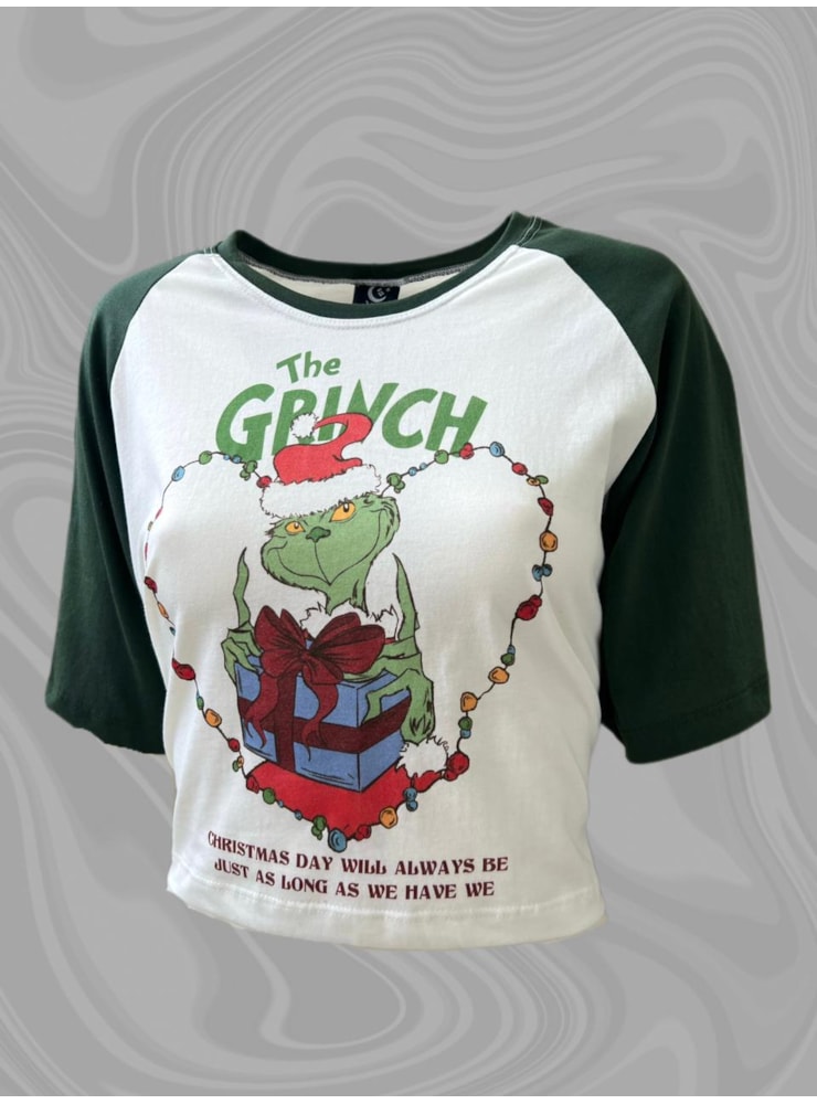 Cropped Comfy Grinch - Raglan Branca